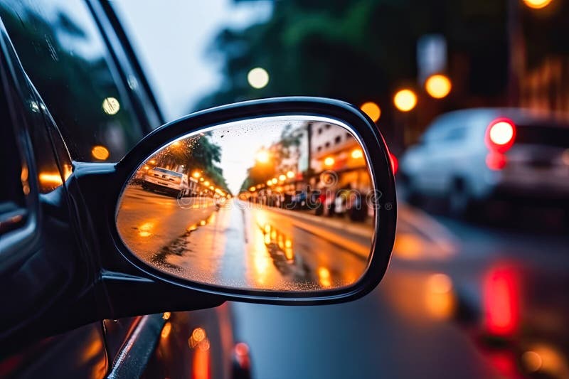 Rear View Mirror Reflecting Busy Street Scene - Generative AI Stock ...