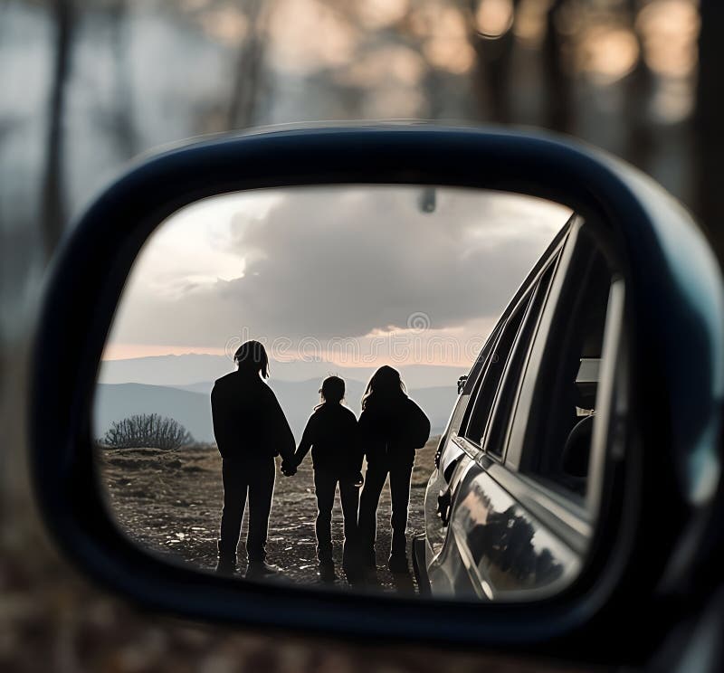 The Rear View Mirror Shows the Three Shadows Standing in Front of it ...