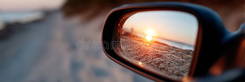 A Rear View Mirror with the Sun Setting in the Reflection of the Mirror ...