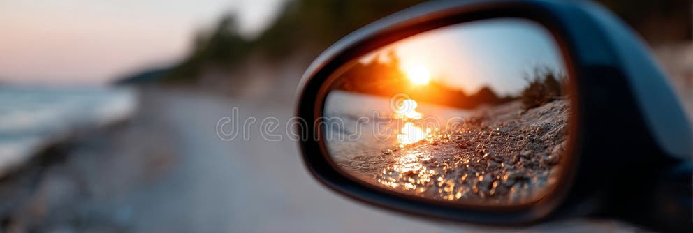 A Rear View Mirror with the Sun Setting in the Reflection of the Side ...