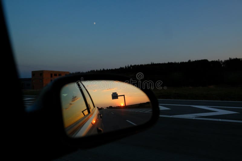 Rear View Mirror Sunset on the Autobahn Stock Image - Image of journey ...