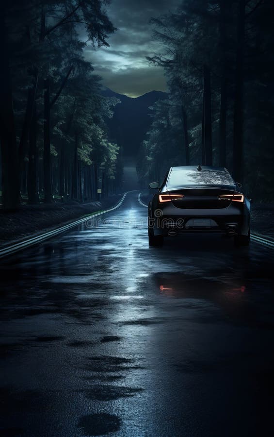 Rear View of a Modern Car that is Parked by the Road at Night Time ...