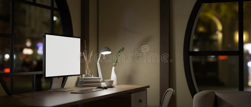 Rear View of a Modern Contemporary Working Room at Night with Computer ...