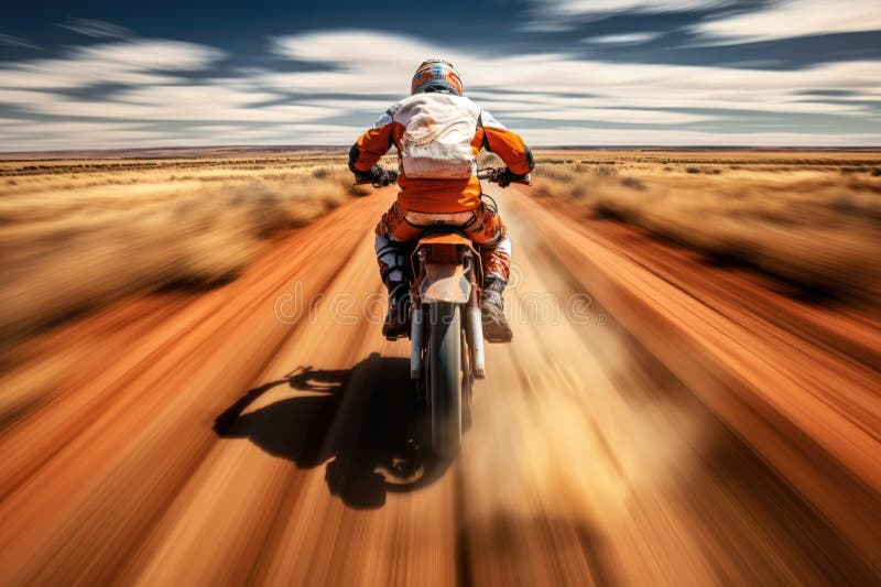 Rear View of a Motocross Rider Speeding Down a Straight Path Stock ...