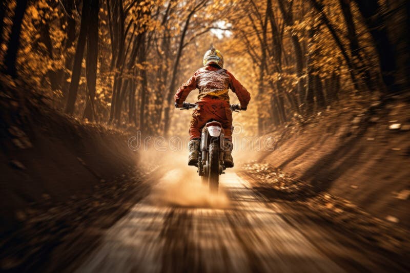 Rear View of a Motocross Rider Speeding Down a Straight Path Stock ...