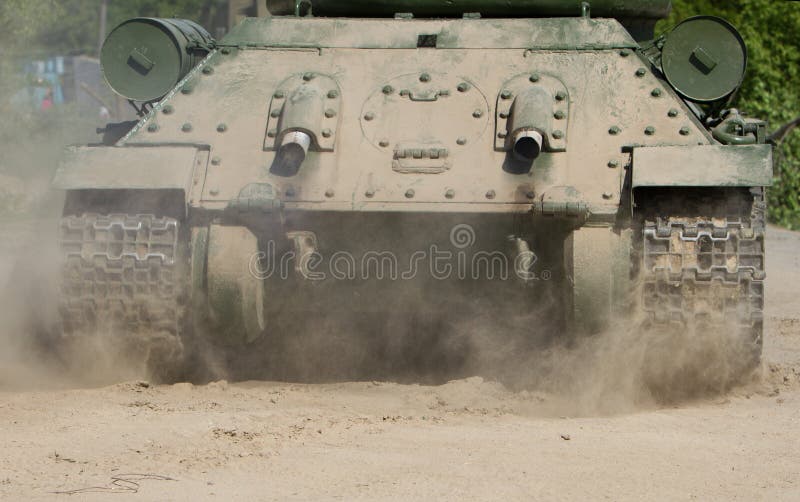 Rear View of Moving Old Russian Tank Stock Photo - Image of crushed ...