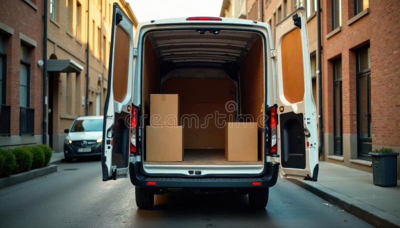 Rear View of Moving Van, Open Doors, Boxes Inside, Delivery Service ...