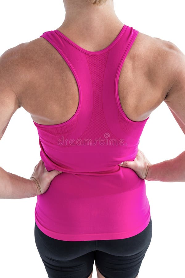 Rear View of Muscular Woman with Hands Hips Stock Photo - Image of ...