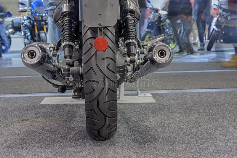 Rear View of New Motorcycle, Indoor Photo. Stock Image - Image of ...