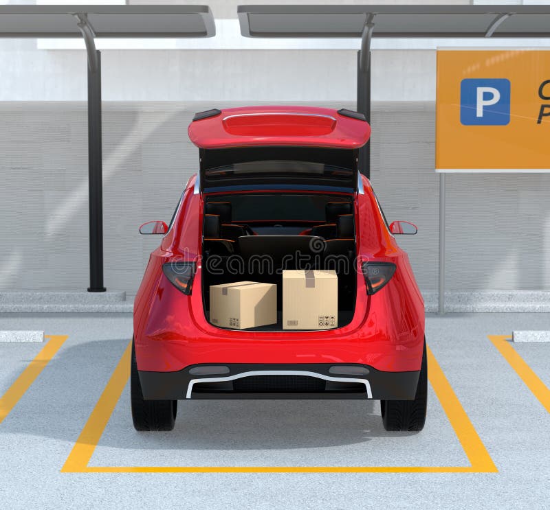 Rear View of Opened Red Car Trunk with Package Boxes Inside Stock ...