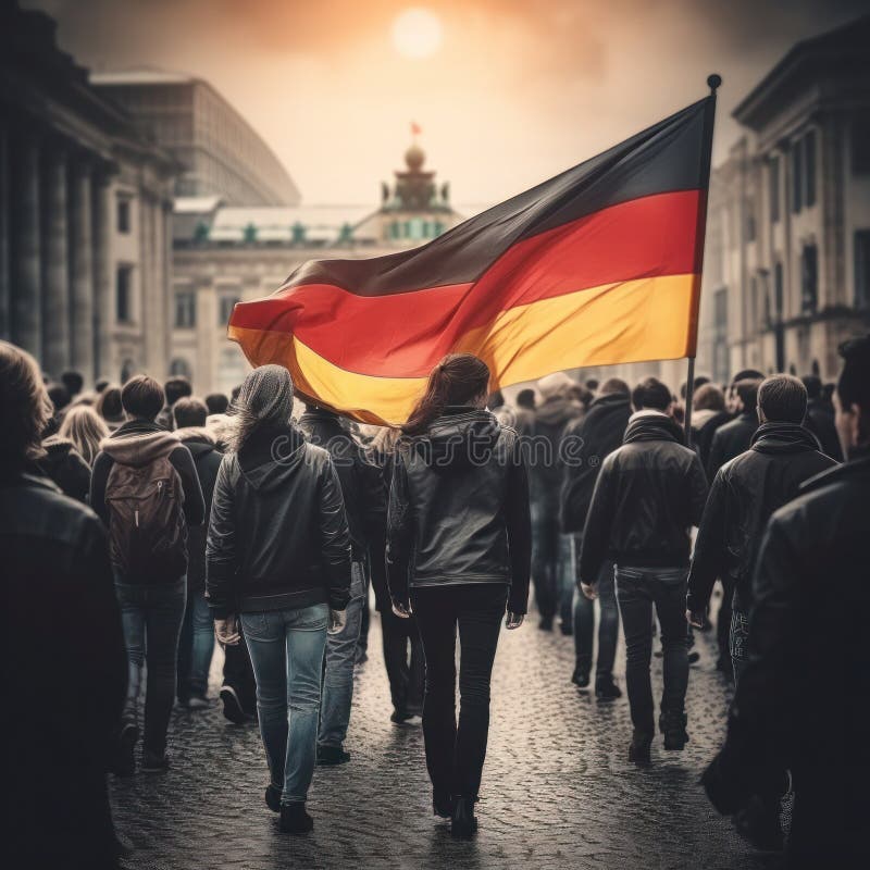 Rear View of People Walking Under the German Flag in Black, Red and ...
