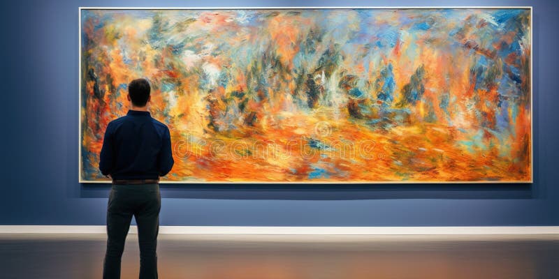 Rear View of Person Viewing an Impressionist Painting, Concept of ...