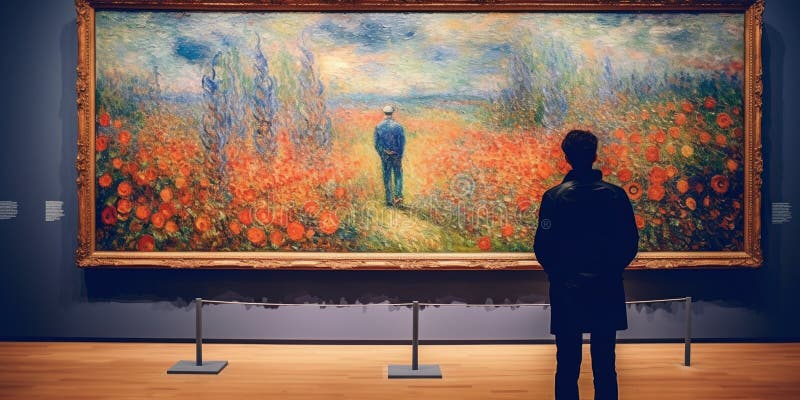 Rear View of Person Viewing an Impressionist Painting, Concept of ...