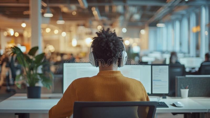 Rear View of a Person Wearing Headphones and Working on a Computer in ...