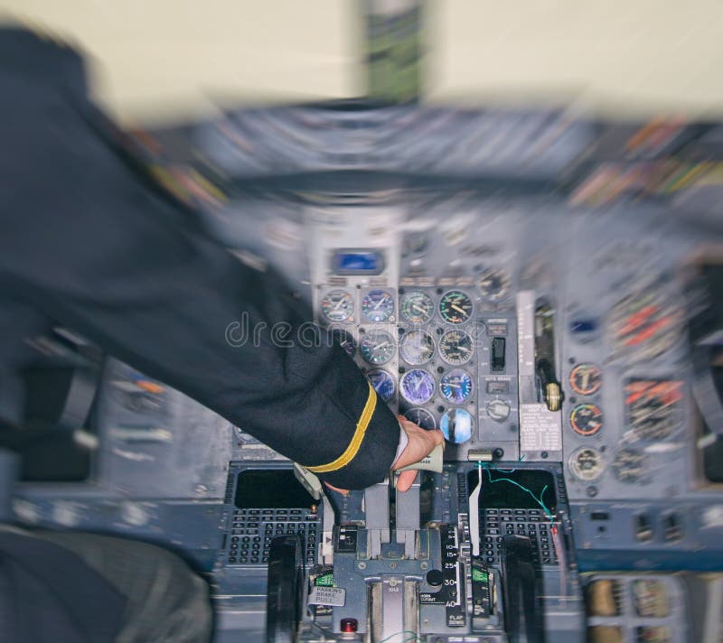 Rear View of Pilot in Aircraft Cabin. Stock Photo - Image of dashboard ...
