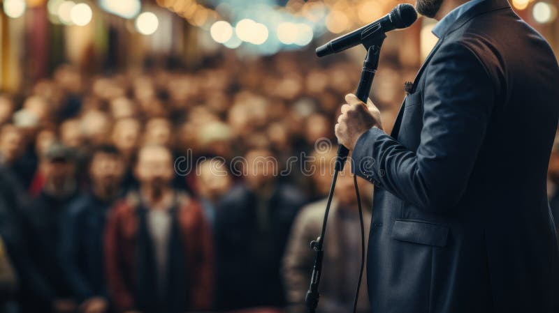 Rear View of a Politician Speaking into a Microphone while Standing in ...