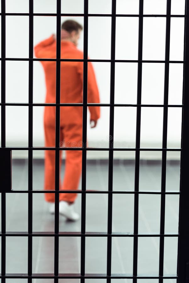 Rear View of Prisoner in Prison Cell with Metallic Bars Stock Photo ...