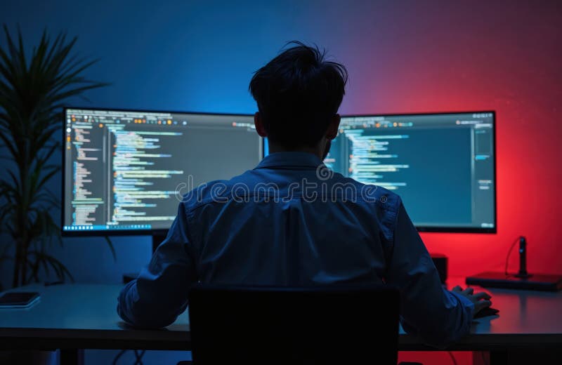 Rear View of Programmer, Data Security Expert Working on Computer in Dark Room. Displays Show ...