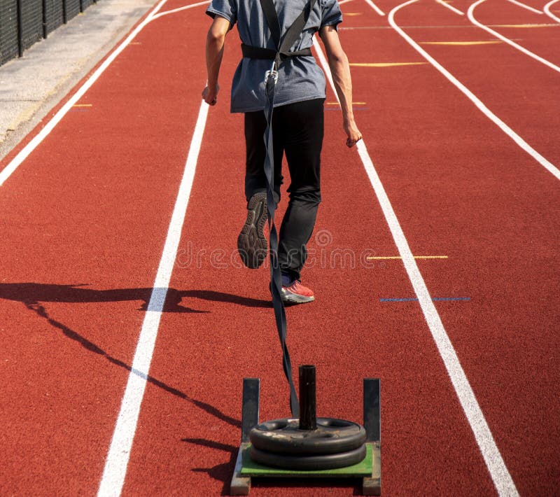 Rear View of a Runner Pulling a Sled with Weights on it Stock Photo ...
