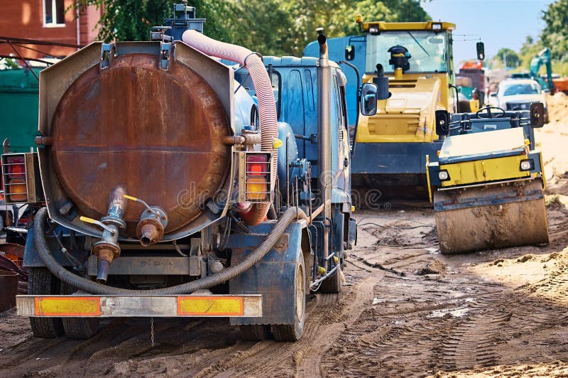 Rear View of a Rusty Barrel of a Special Vehicle at a Construction Site ...