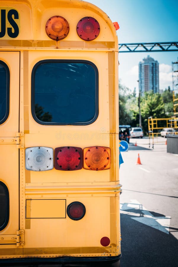 Rear View of School Bus Back Lights Standing Stock Image - Image of ...