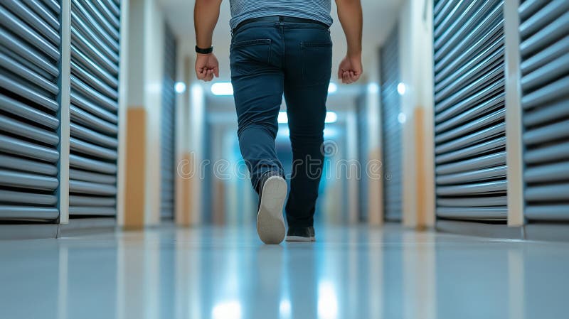 Rear View of a Security Guard Walking through a Warehouse Corridor ...