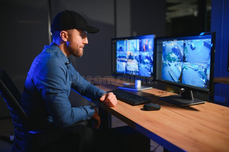 Rear View of Security System Operator Looking at CCTV Footage at Desk ...