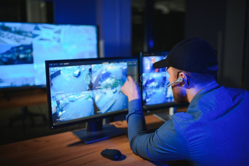 Rear View of Security System Operator Looking at CCTV Footage at Desk ...