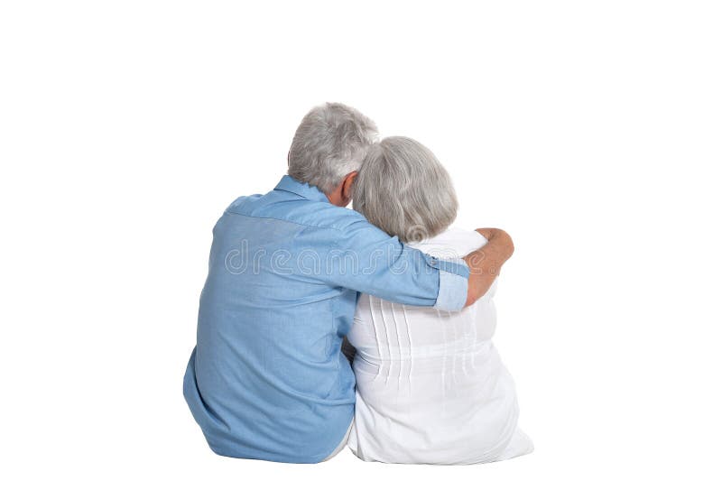 Rear View of of Senior Couple Sitting at White Background Stock Photo ...