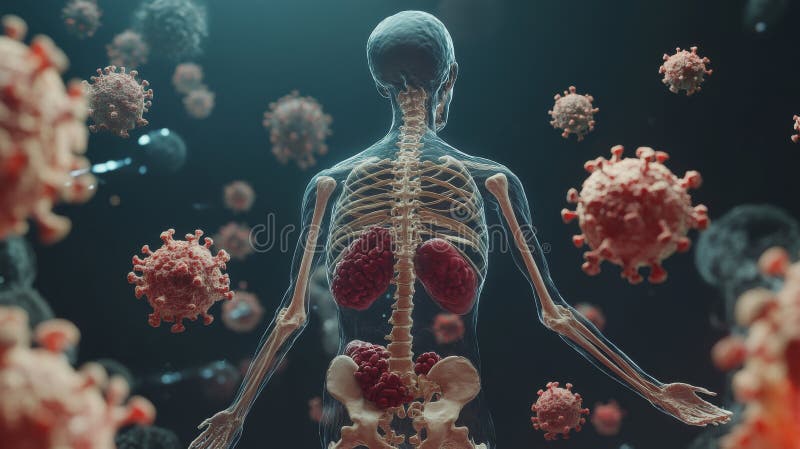 Rear View of Skeleton Amid Viral Threats Stock Illustration ...