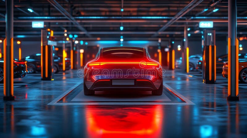Rear View of a Sleek Electric Car in a Modern Parking Garage at Night ...