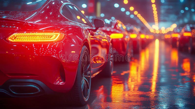 Rear View of a Sleek Red Car in a Showroom with Vibrant Lighting ...