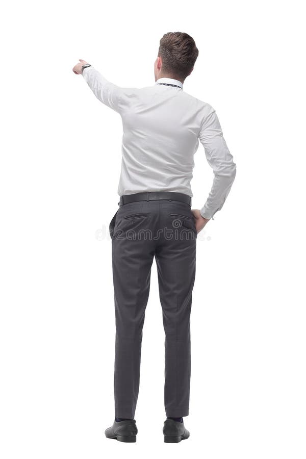 Rear View.smiling Young Businessman Pointing at White Screen Stock ...