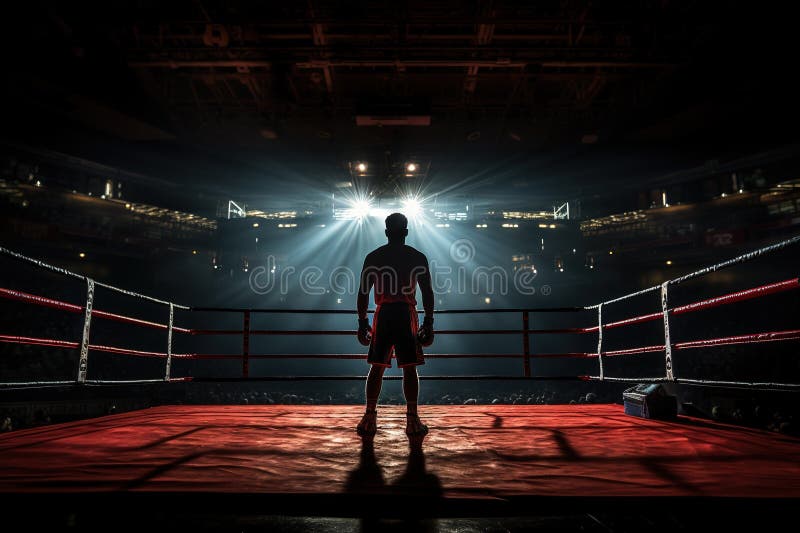 Rear View of a Strong Boxer in a Boxing Ring Under Spotlights Stock ...