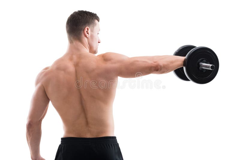 Rear View of Strong Man Lifting Dumbbell Stock Image - Image of ...