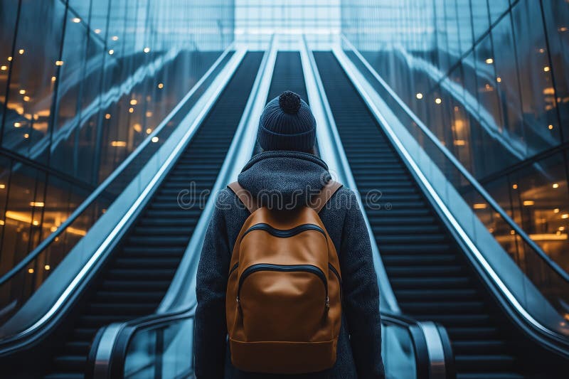 Student Going Up on Escalator in Modern Building Conveying Growth Stock ...