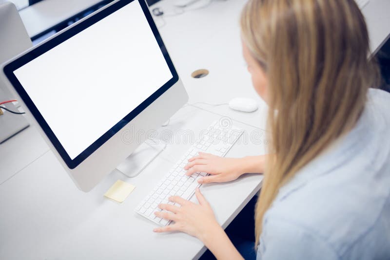 Rear View of Student Using Computer Stock Image - Image of happiness ...