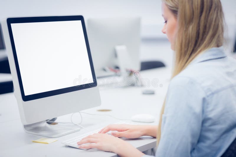 Rear View of Student Using Computer Stock Photo - Image of monitor ...