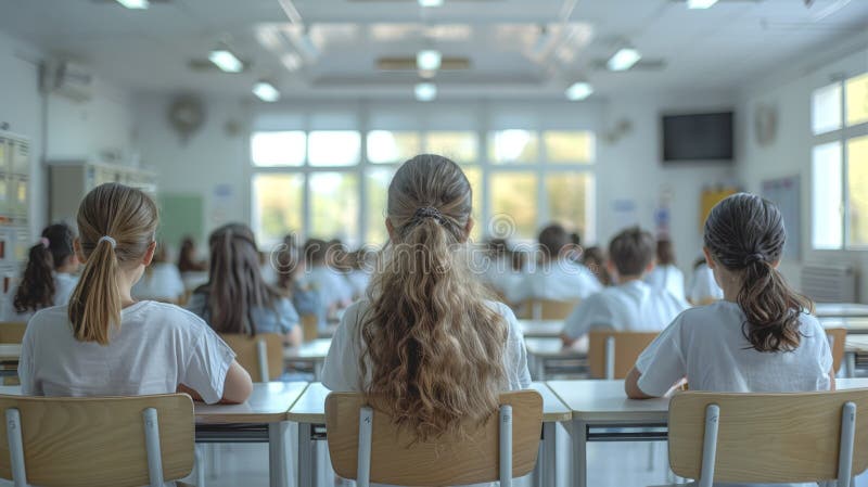 Rear View of Students Studying in Modern Classroom. Stock Photo - Image ...