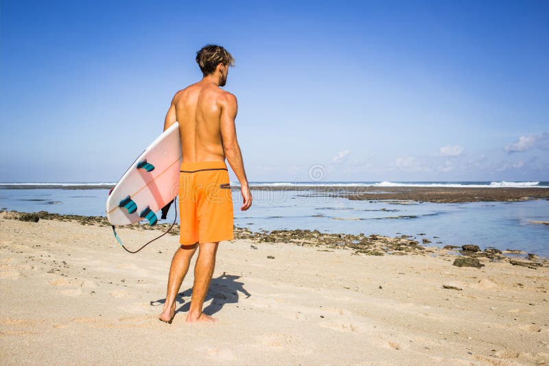 Rear View of Surfer with Surfing Board Standing on Sandy Beach Stock ...