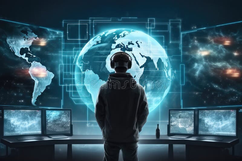 Rear View of System Administrator Standing and in Front of Screens ...