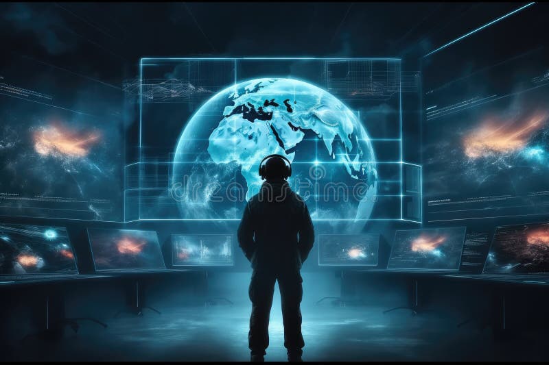 Rear View of System Administrator Standing and in Front of Screens ...