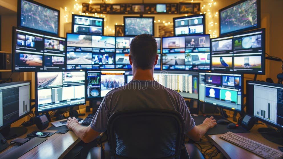 Technical Operator Employee Working with Multiple Computer Monitors ...