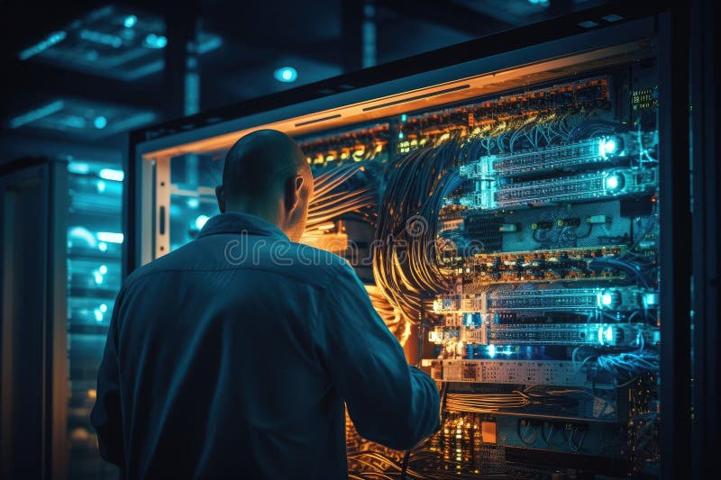 Rear View of a Technician Working in Datacenter Server Room, Rear View ...