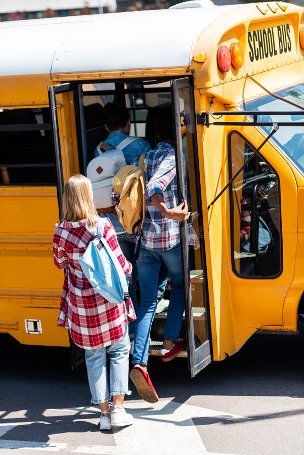 Rear View of Teen Students Walking into Stock Image - Image of school ...
