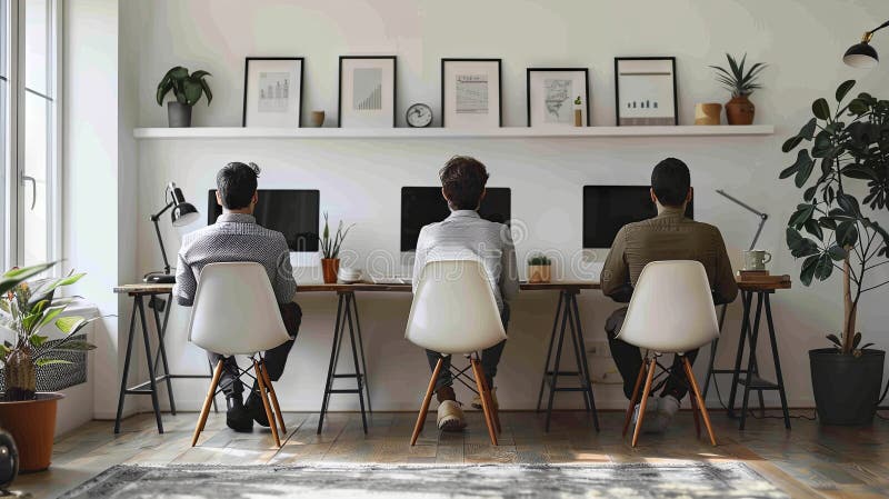 Rear View of Three Businesspeople Sitting at Table in Office, Back View ...