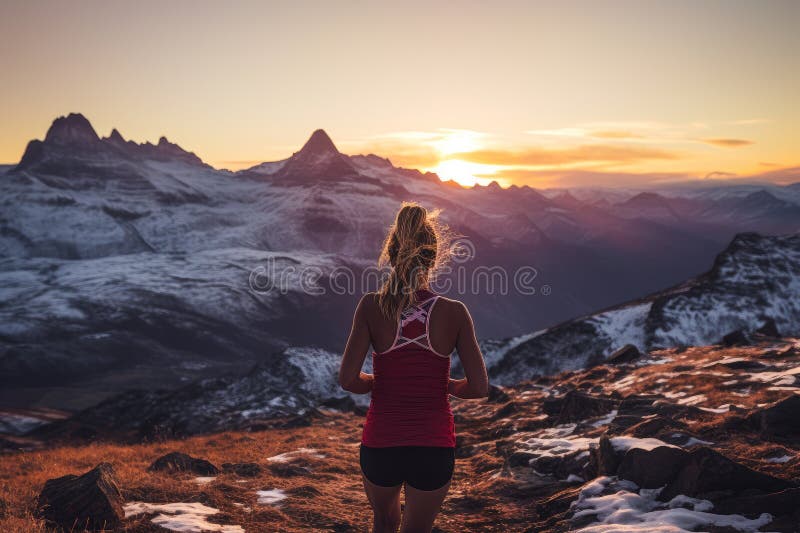 Rear View of a Runner Running Up Hill with a Beautiful Sunrise. AI ...