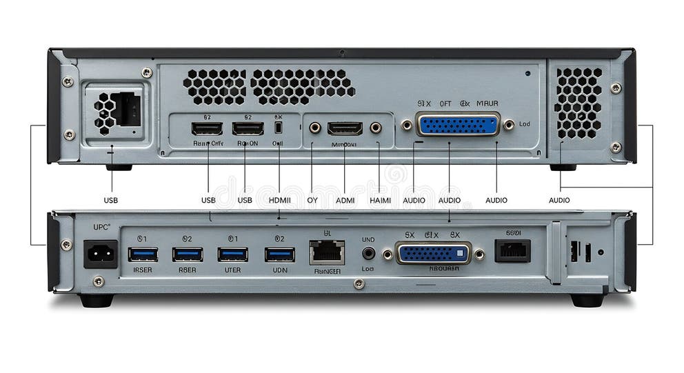 Rear View of Two Electronic Units with Multiple Ports and Connections ...