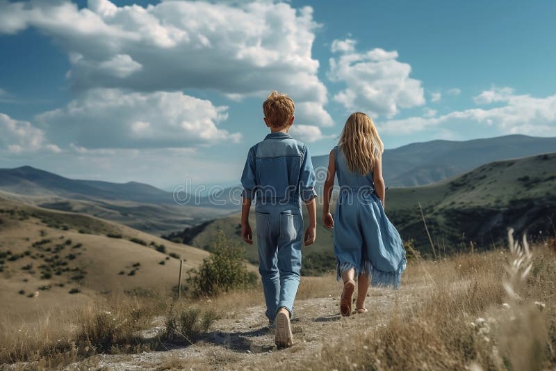 Rear View of Two Friends Walking Along Path in Mountain Trail ...
