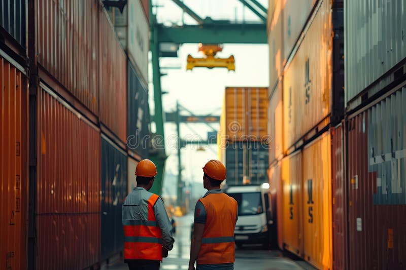 Rear View of Two Workers Standing in Front of Container Terminal Stock ...